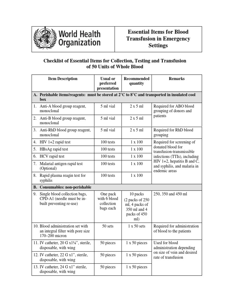 Checklist of Essential Items For Collection, Testing and Transfusion of ...