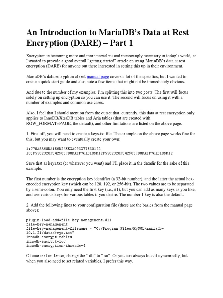 An Introduction To MariaDB's Data at Rest Encryption (DARE) - Part 1 | PDF | Text File | Data ...