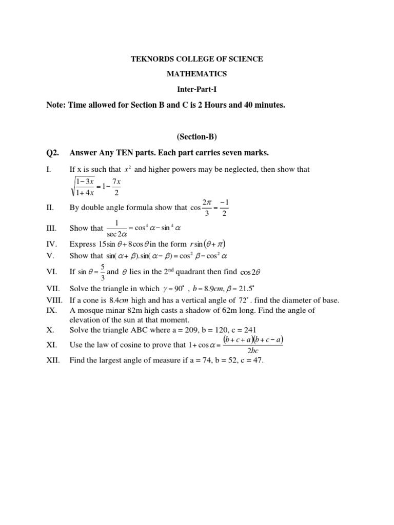 1st Year Math Paper-Chp-7,9,11 | PDF | Trigonometric Functions | Triangle