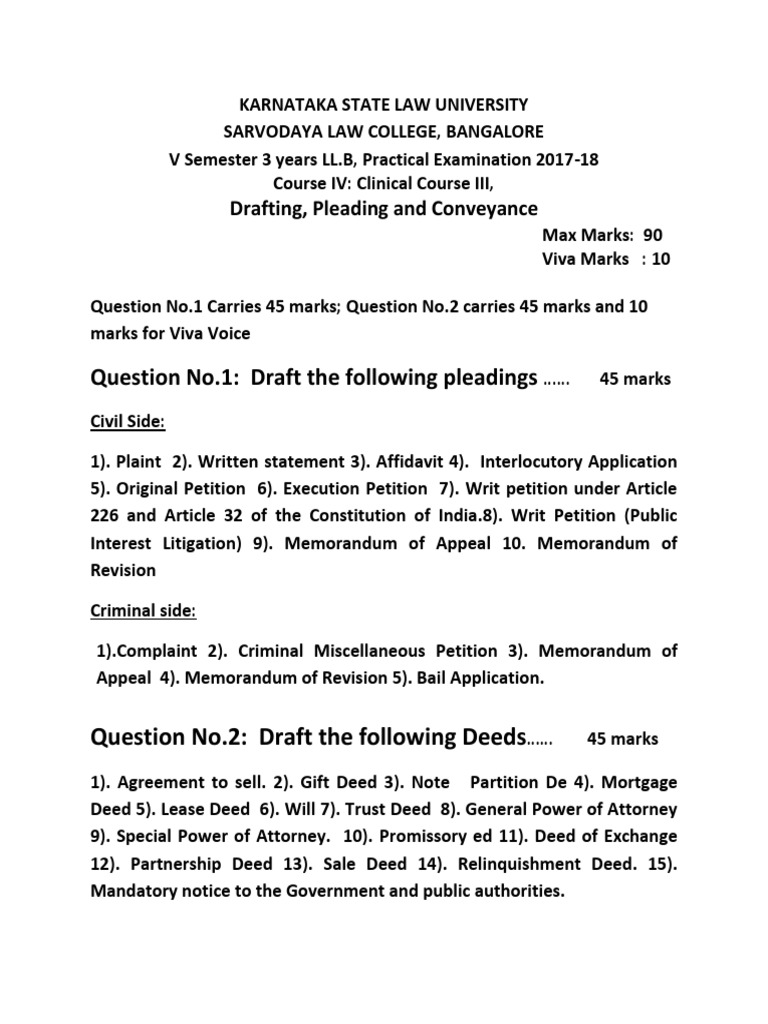 Question No.1: Draft The Following Pleadings: Drafting, Pleading and Conveyance | PDF | Deed ...