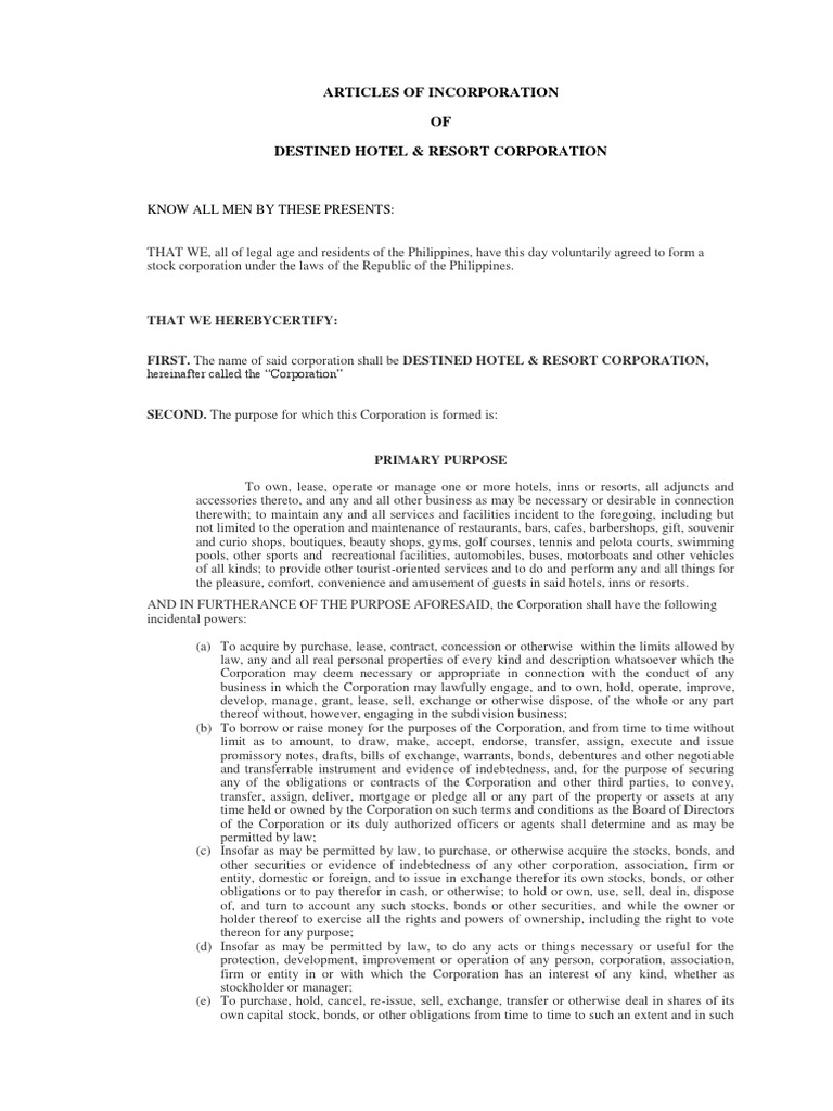 Articles of Incorporation for Destined Hotel | PDF | Corporations | Stocks