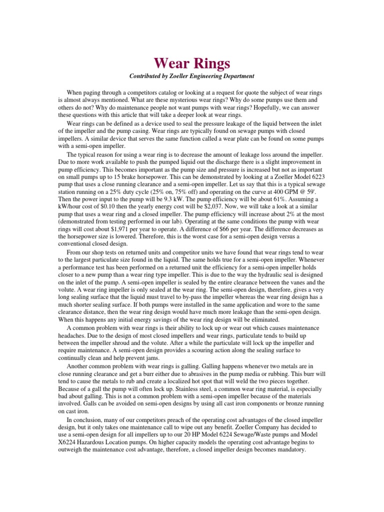 Wear Rings: Contributed by Zoeller Engineering Department | PDF | Pump ...