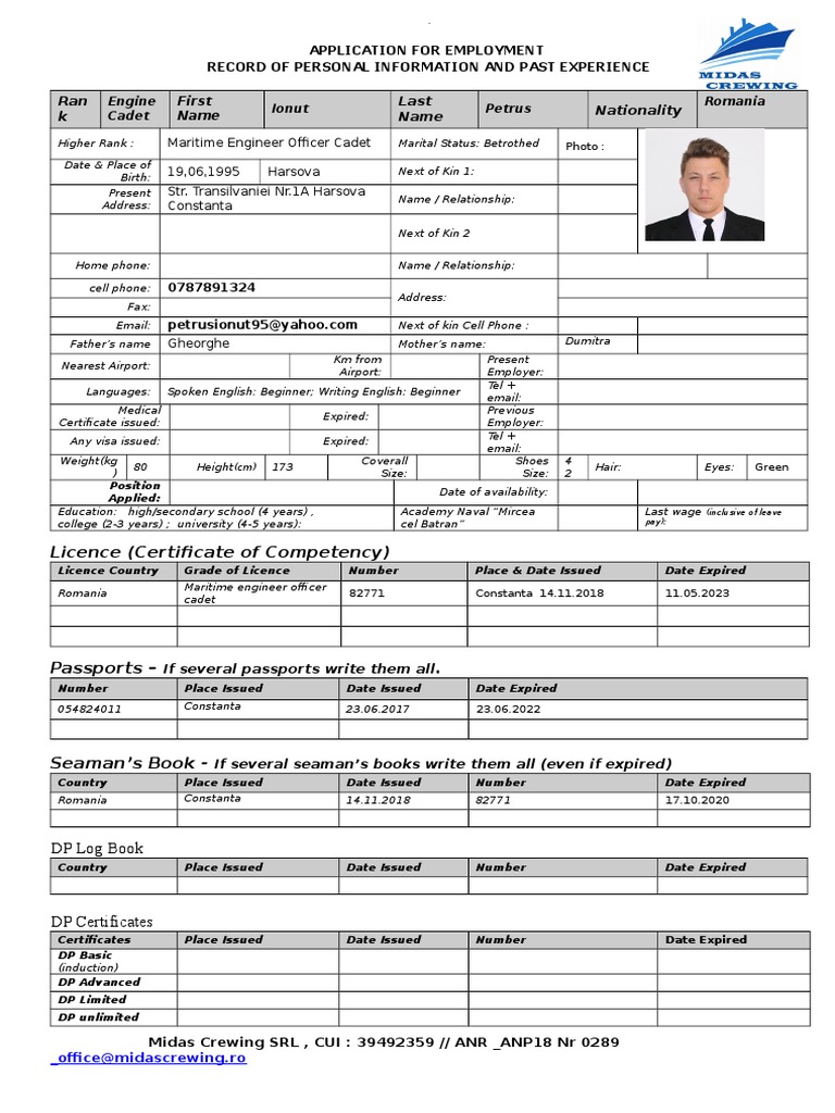 Application Form Midas Crewing | PDF