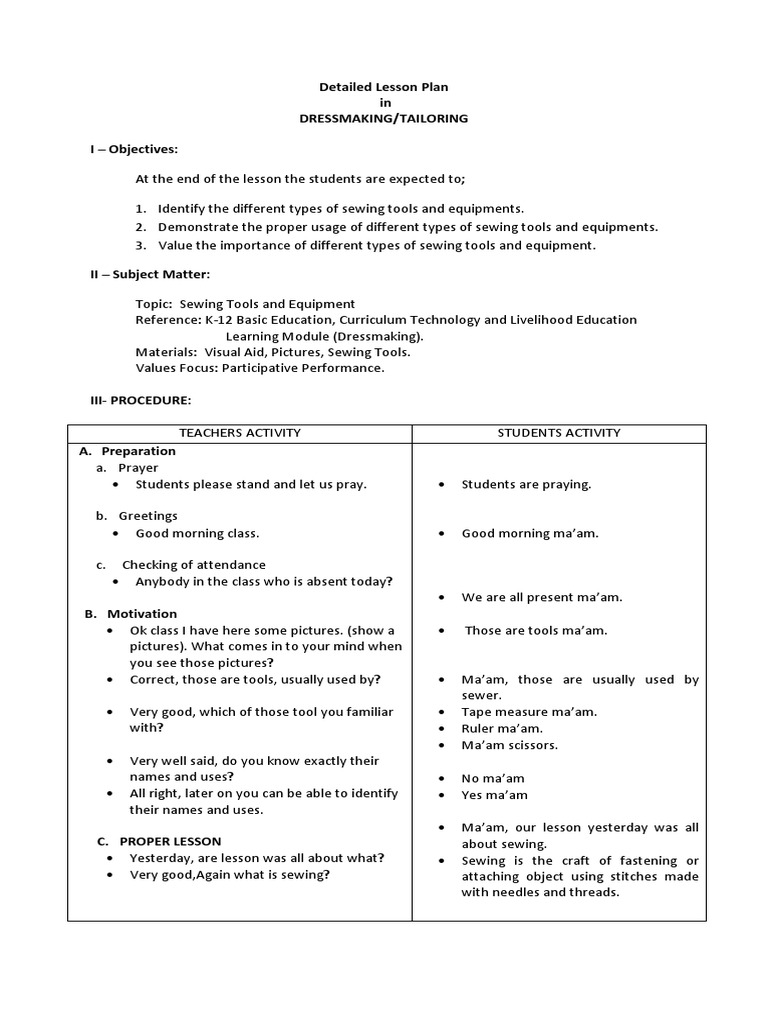 Detailed Lesson Plan in Dressmaking/Tailoring I - Objectives | PDF ...