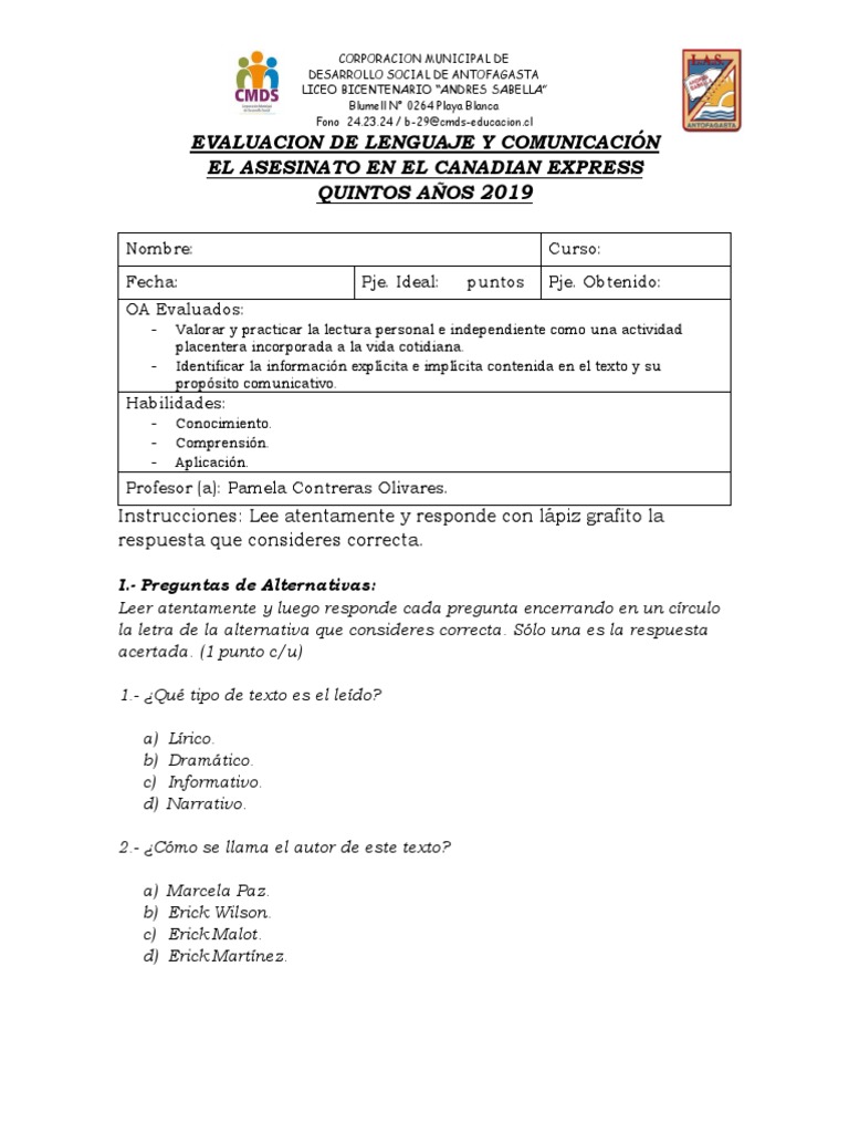 Evaluación de Lenguaje 5° Año | PDF | Viajes y turismo