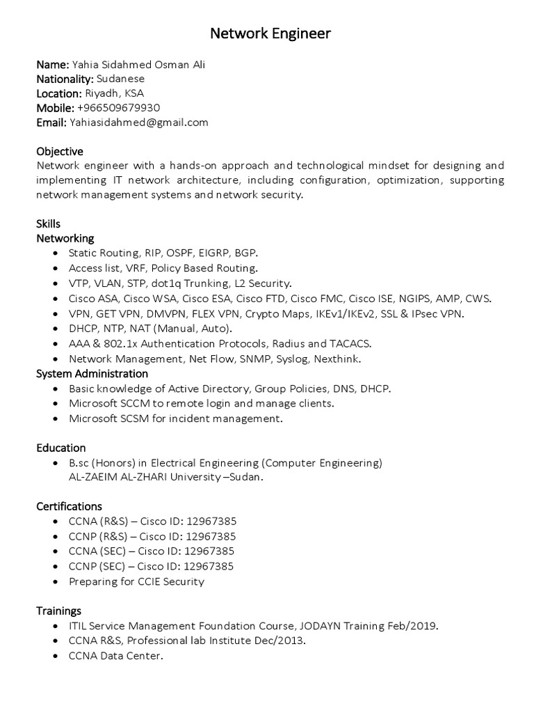 Yahia CV | PDF | Technical Support | Computer Network