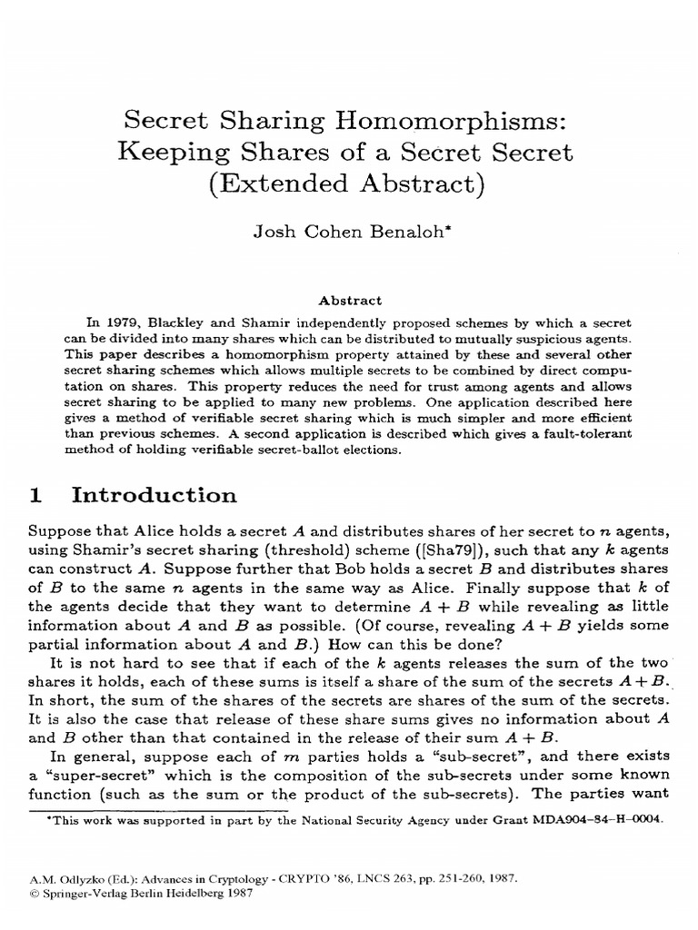 Shares (Extended: Secret Sharing Homomorphisms: Keeping of A Secret Secret Abstract) | PDF ...