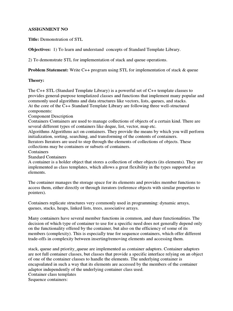 Assignment No Title: Demonstration of STL Objectives: 1) To Learn and Understand Concepts of ...