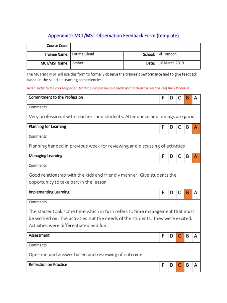 Appendix 2: MCT/MST Observation Feedback Form (Template) : Commitment ...