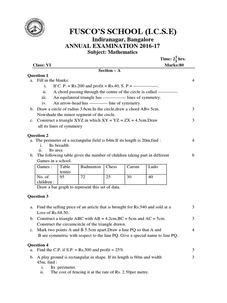 ICSE Class 6 Maths Model Question Paper Annual Exam | PDF | Area ...