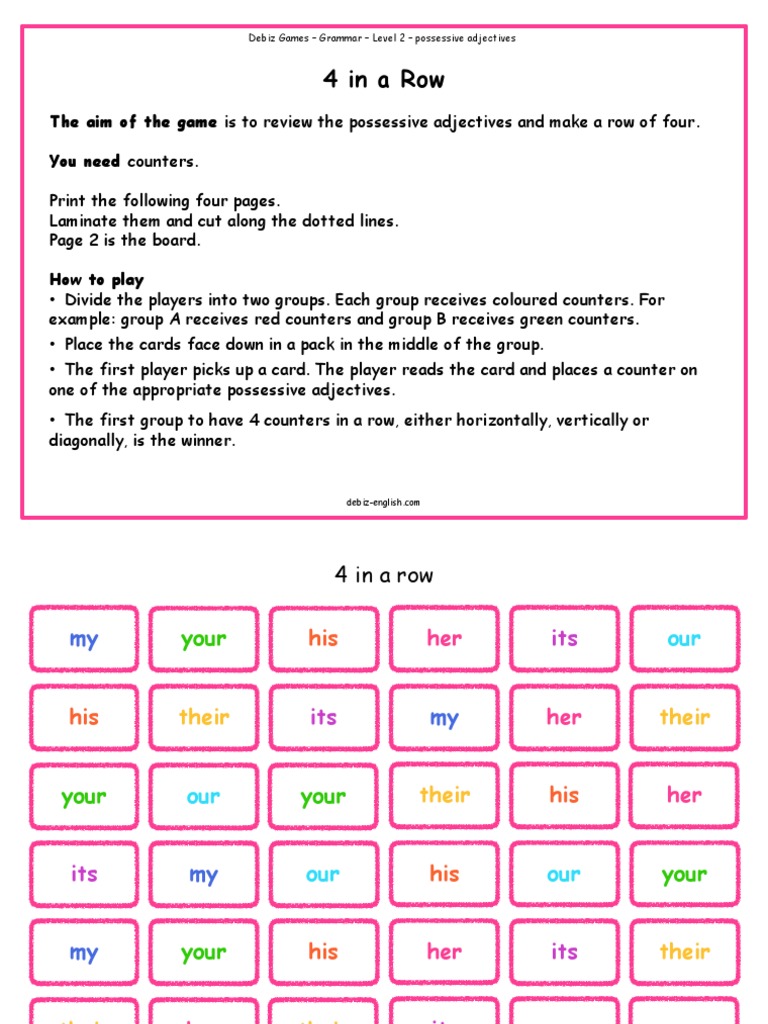 Game Grammar Possessive-Adjective 4-In-A-row Level 2 | PDF