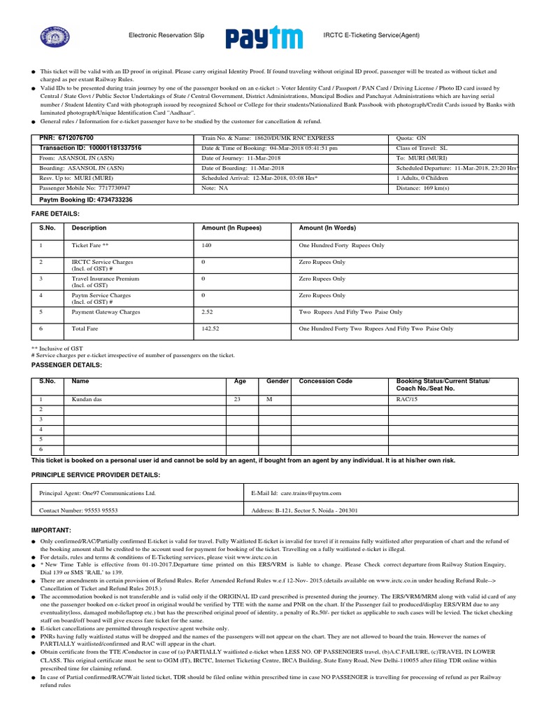 IRCTC E-Ticket Reservation Details | PDF | Identity Document | Ticket ...
