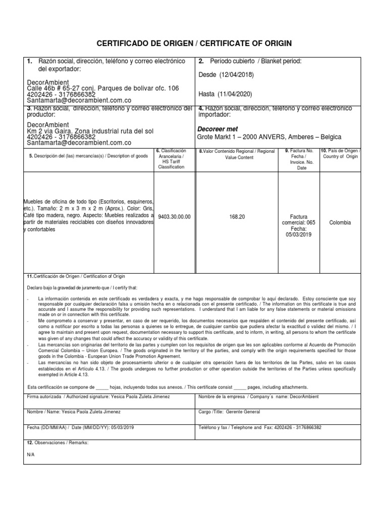 Certificado de Origen | PDF