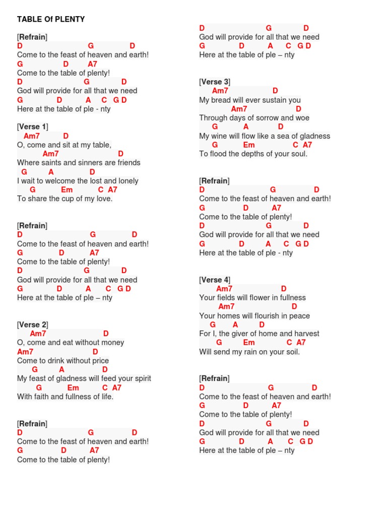 Table of Plenty Hymn Lyrics and Chords | PDF | Religious Behaviour And ...