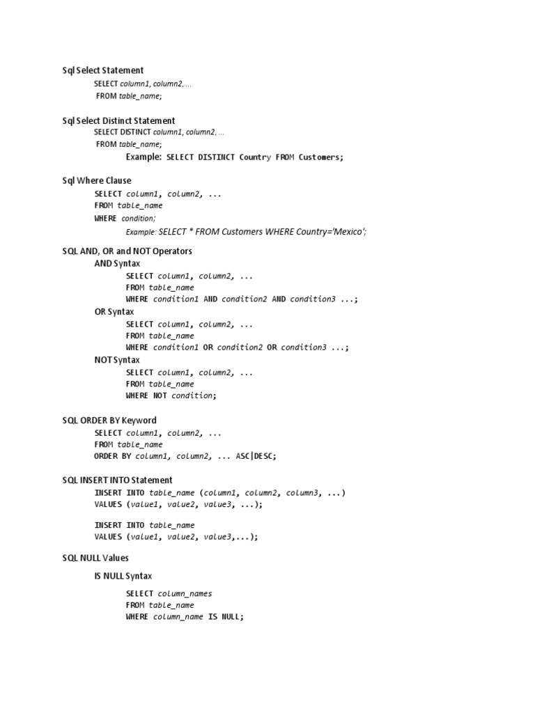 SQL Select Statement: SELECT FROM Customers WHERE Country 'Mexico ...