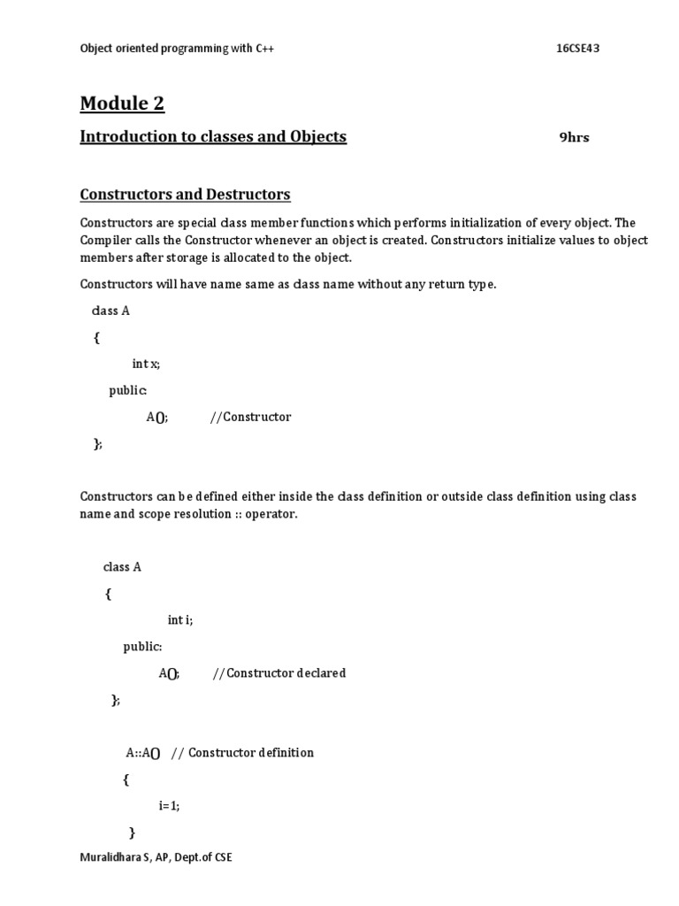 C++ Notes Module 1 | PDF | Constructor (Object Oriented Programming ...