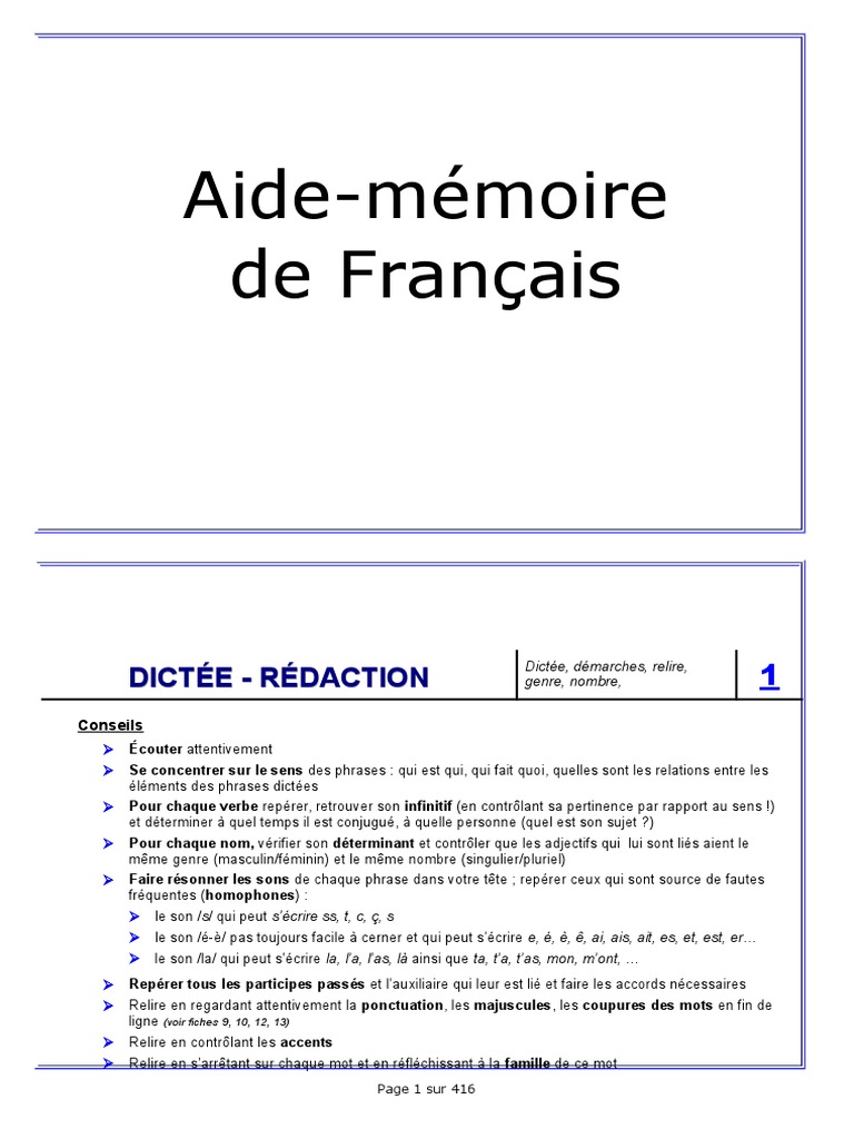 Aide Memoire de Français | PDF | Nom (grammaire) | Genre grammatical