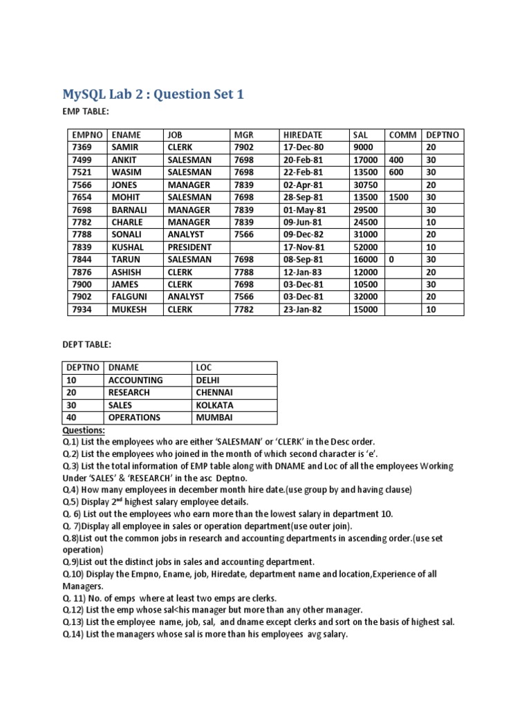 Mysql Lab 2: Question Set 1 | Download Free PDF | Business