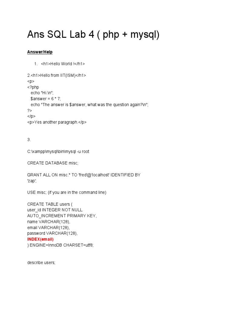 Ans SQL Lab 4 (PHP + Mysql) : Answer/Help | PDF