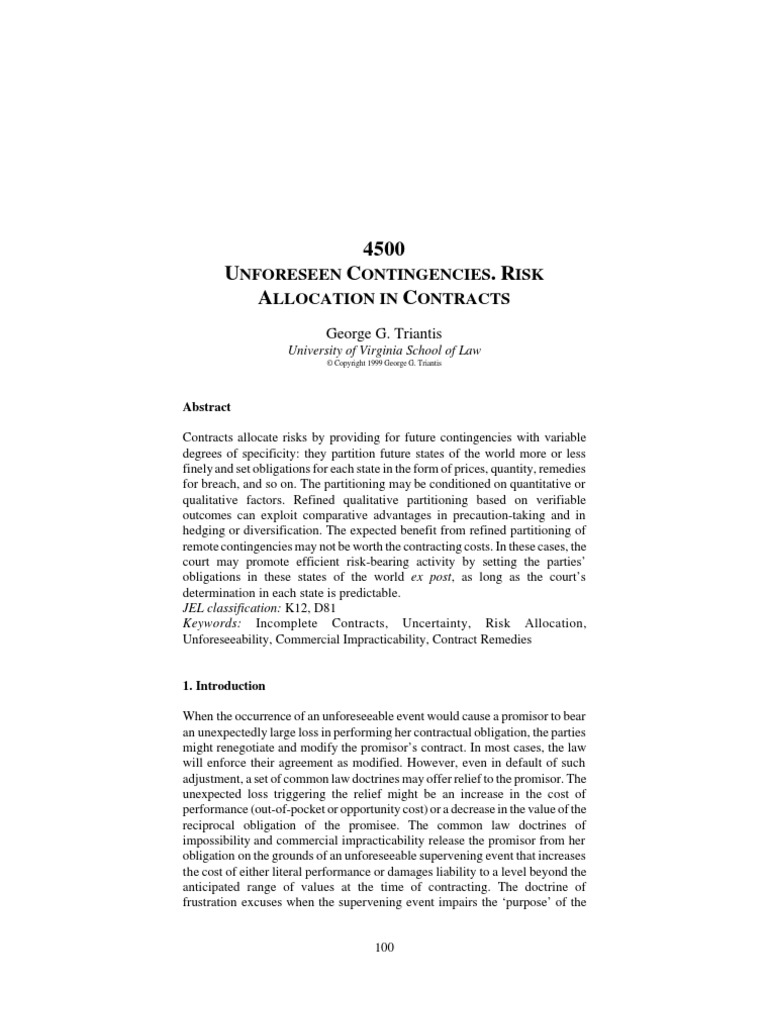 Unforeseen Contingencies. Risk Allocation in Contracts | PDF