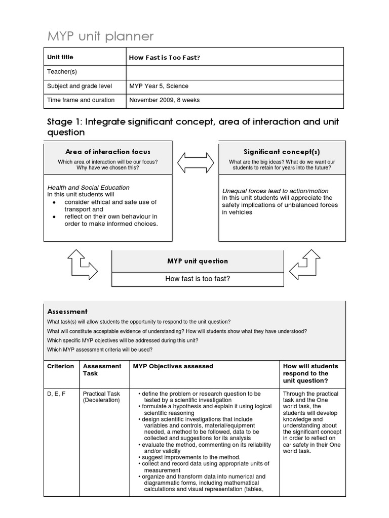 MYP Science Unit: Speed and Safety | PDF | Science | Educational Assessment