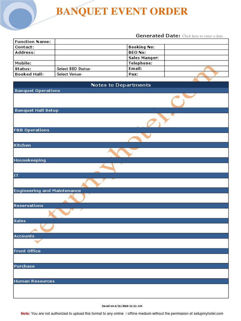Banquet Event Order: Notes To Departments | PDF