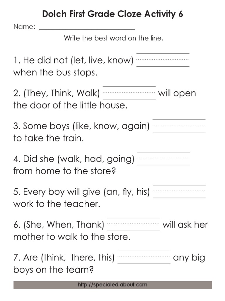 Dolch First Grade Cloze Activity 6: Name: - Write The Best Word On The ...