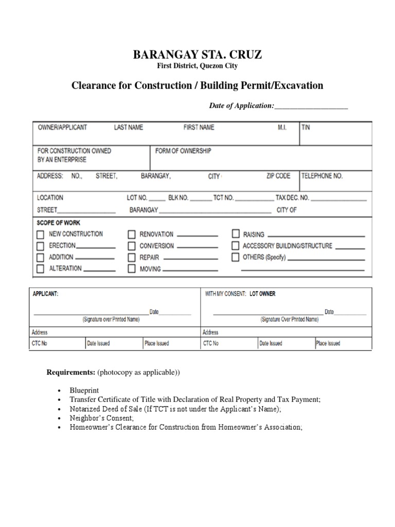 Barangay Sta. Cruz: Clearance For Construction / Building Permit ...