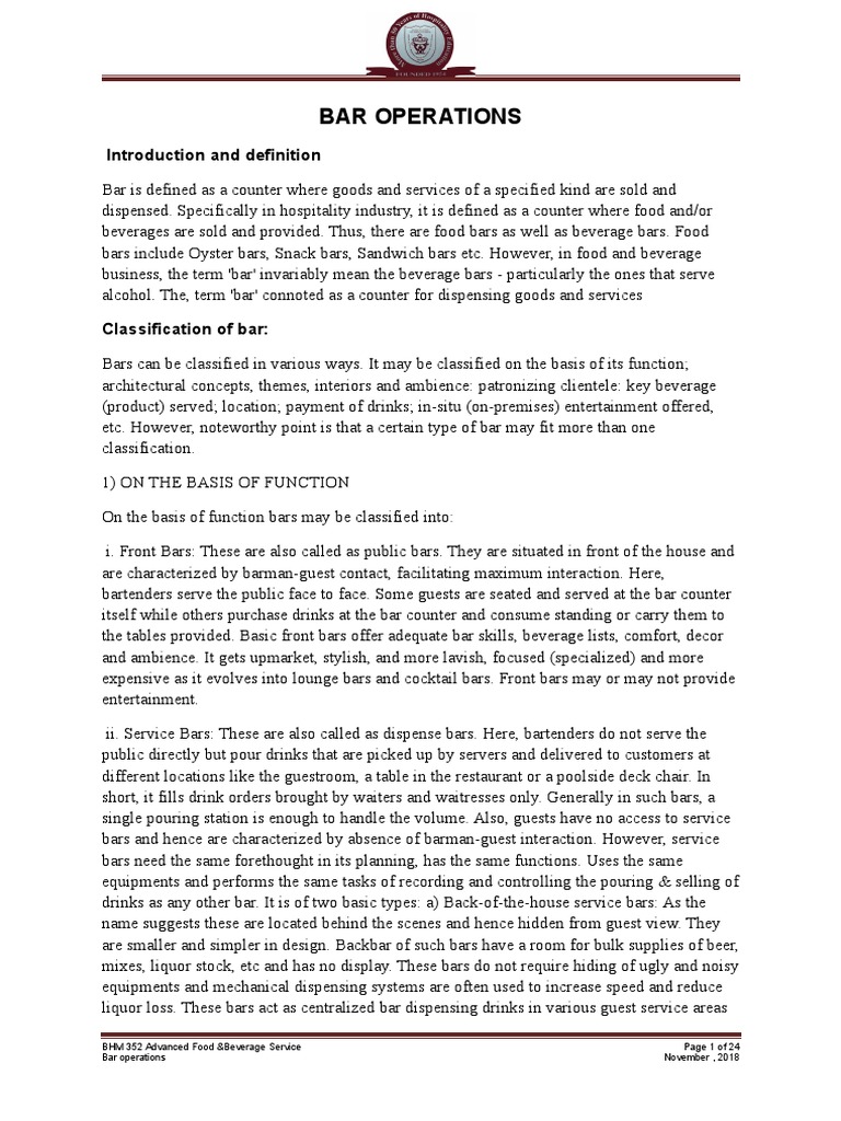 BAR OPERATIONS CLASSIFICATION GUIDE | PDF | Bar | Drink