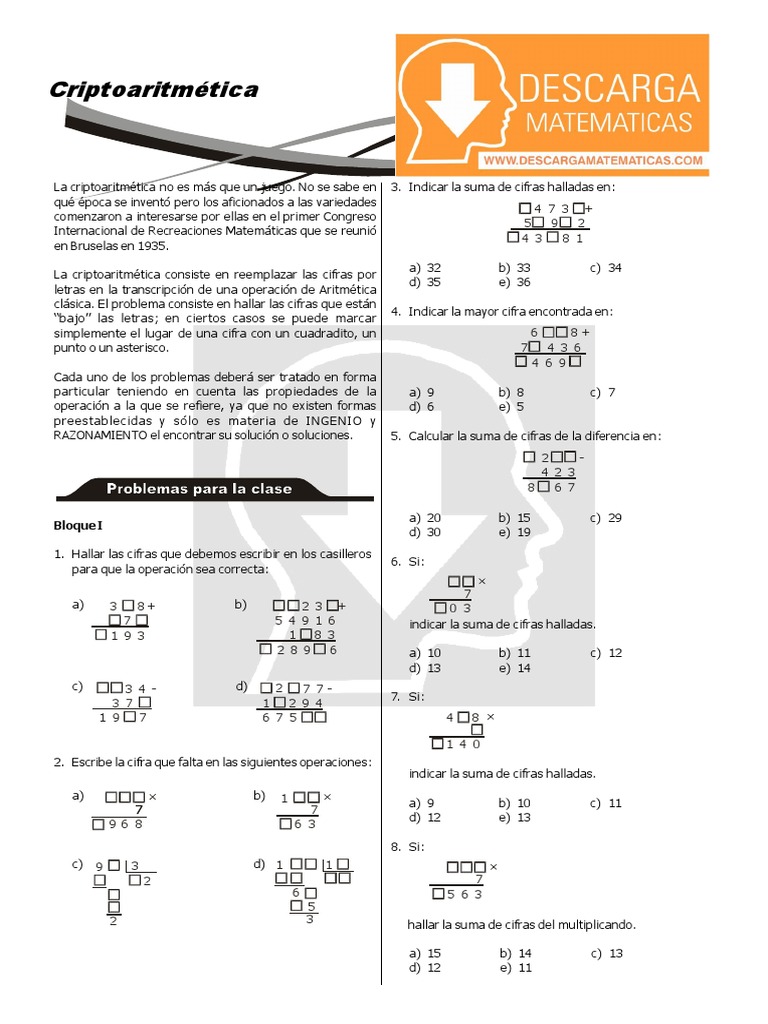 Ejercicios de Criptoaritmética | PDF | Notación Matemática | Teoría de los números