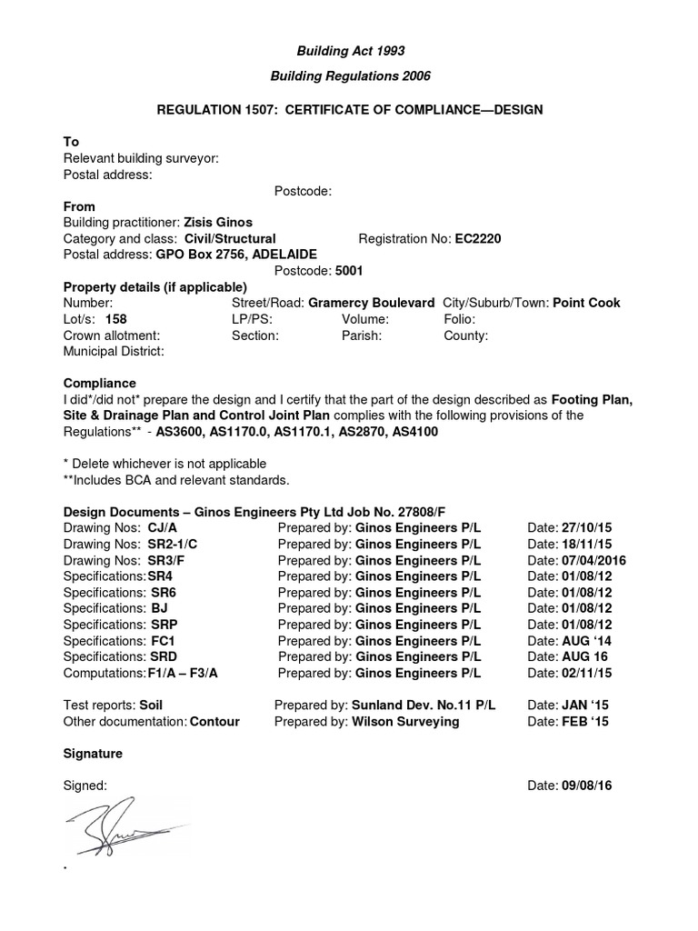 Compliance Certificate for Building Design | PDF
