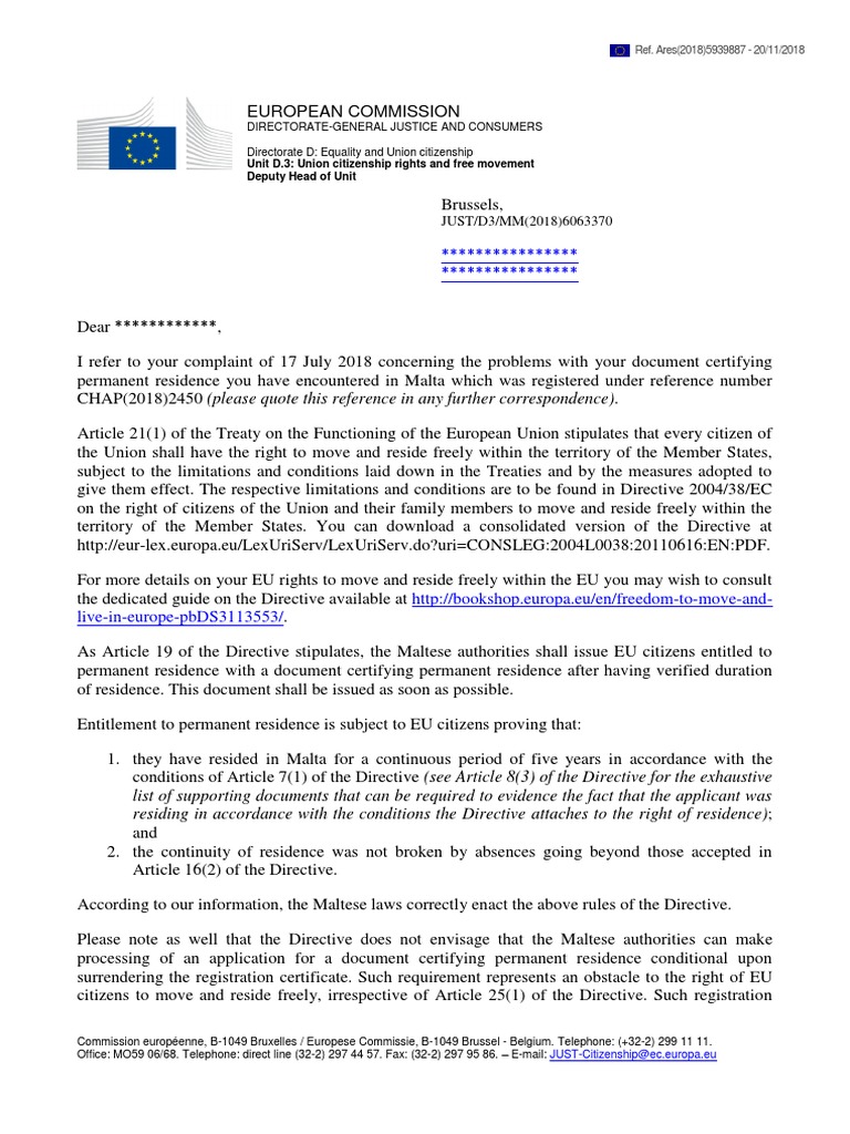 European Comission Letter Confirming Identity Malta Violates EU Law ...