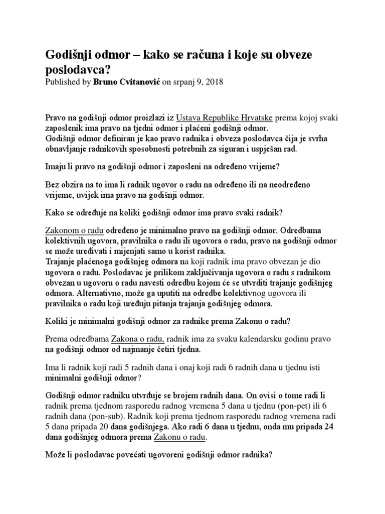 Godišnji Odmor - Kako Se Računa I Koje Su Obveze Poslodavca | PDF
