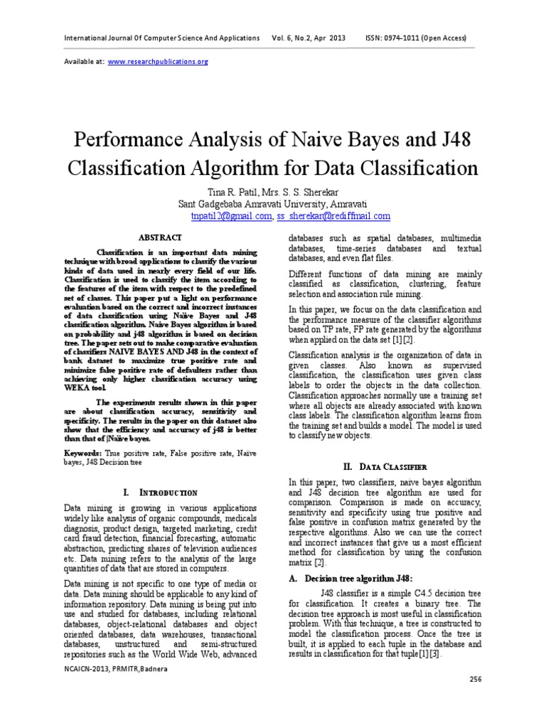 Performance Analysis of Naive Bayes and J48 Classification Algorithm For Data Classification ...