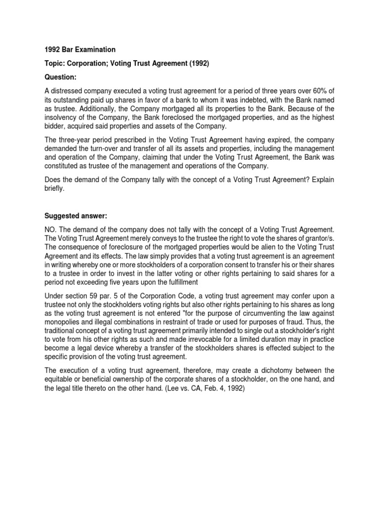 1992 Bar Examination Topic: Corporation Voting Trust Agreement (1992 ...