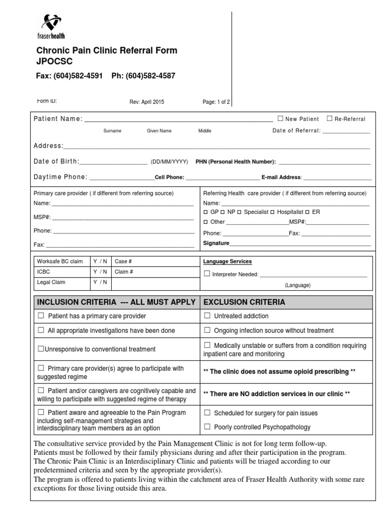 Chronic Pain Clinic Referral Form Jpocsc: Fax: (604) 582-4591 PH: (604 ...