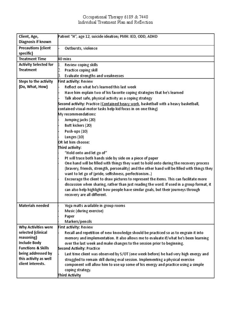 Occupational Therapy 6189 & 7440 Individual Treatment Plan and ...