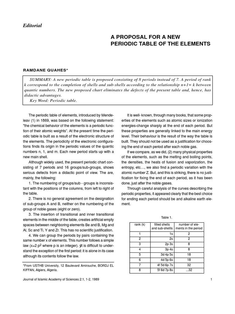 A Proposal For A New Periodic Table of The Elements: Editorial | PDF ...