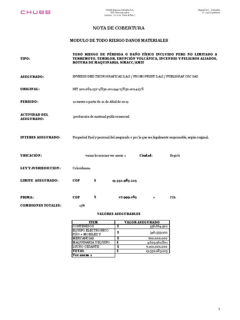 Nota de Cobertura | PDF | Póliza de seguros | Seguro