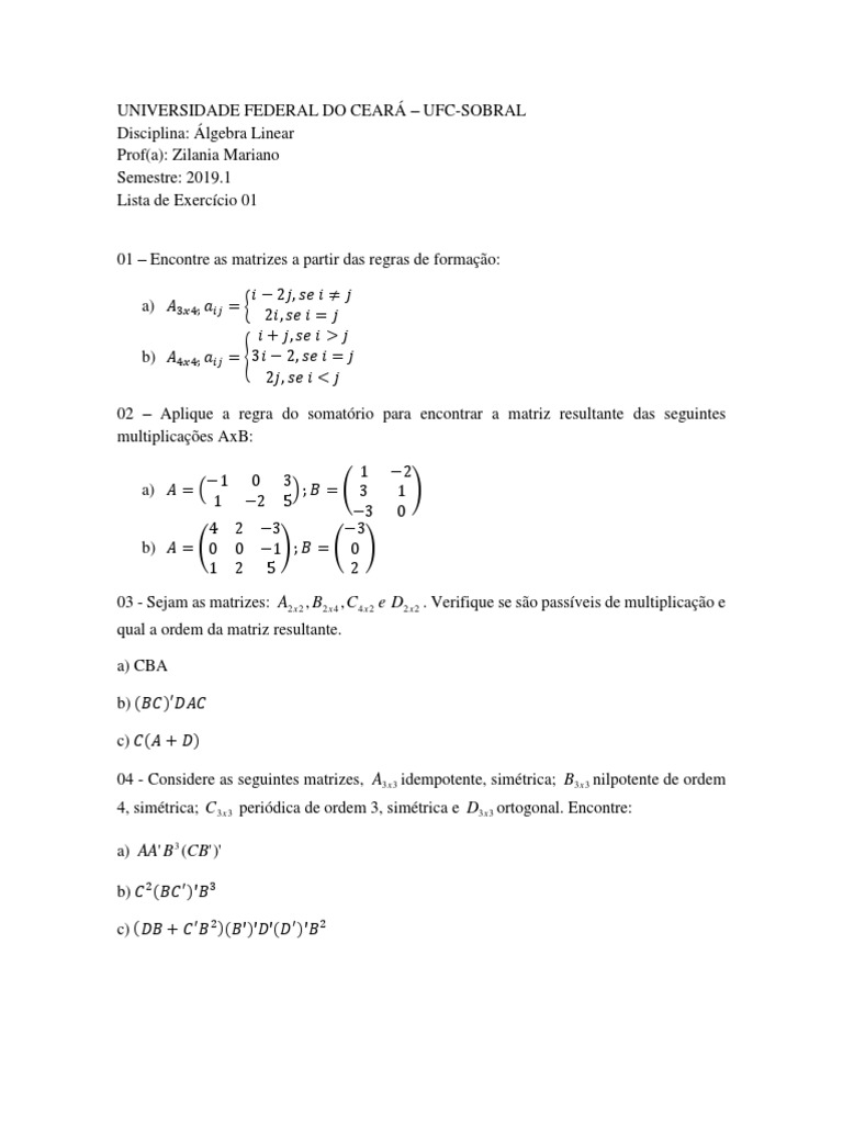 Exercícios de Álgebra Linear e Matrizes | PDF | Matriz (Matemática ...