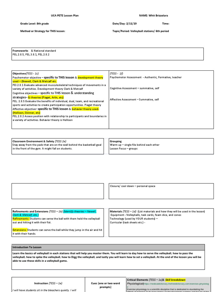 8th Grade Volleyball Lesson Plan | PDF | Volleyball | Cognition
