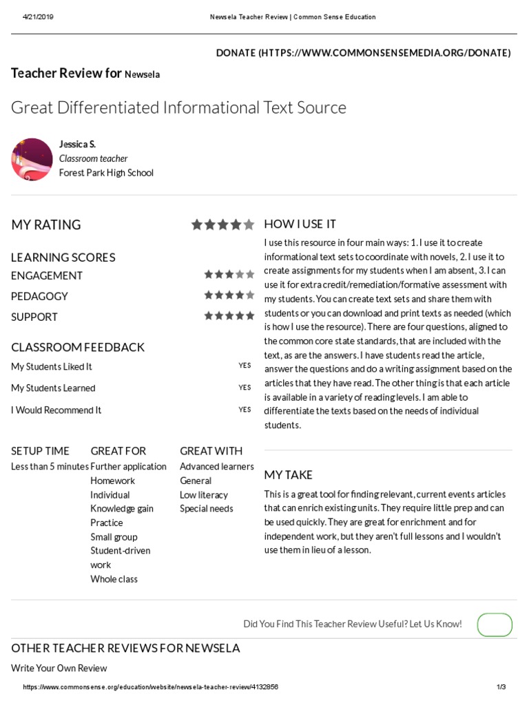 Newsela Teacher Review - Common Sense Education | PDF | Homework | Teachers