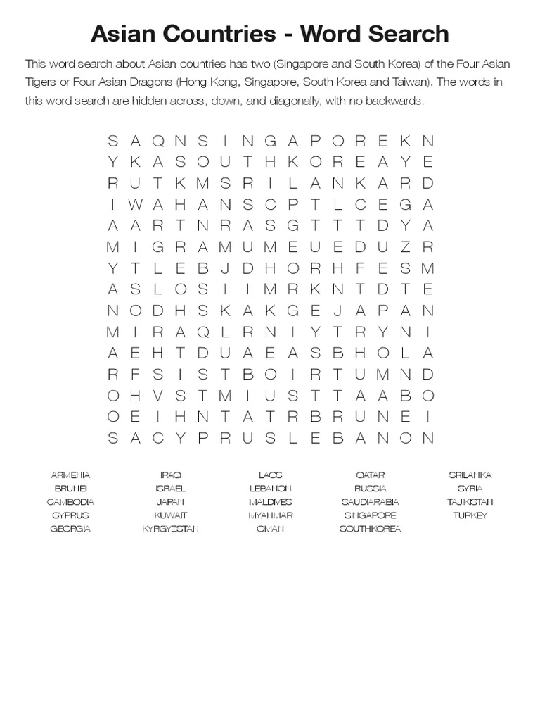 Asian Countries Word Search Puzzle | PDF | Word Puzzles | Puzzles