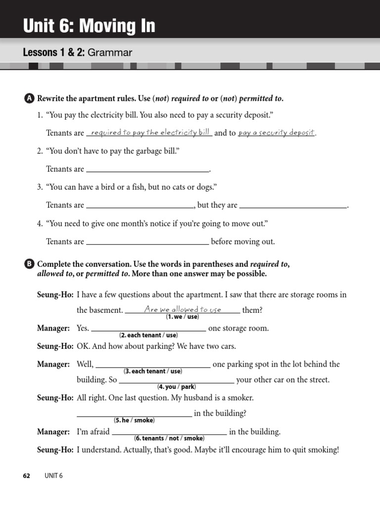 Unit 6: Moving In: Lessons 1 & 2: Grammar | PDF | Apartment | Part Of ...