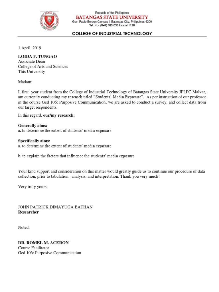 Template of Letter and Questionnaire Pursposive Comm | PDF | Traffic