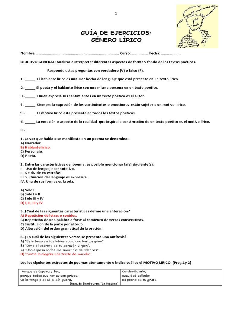Guía Ejercicios G. Lírico | PDF | Recursos poéticos | Poesía