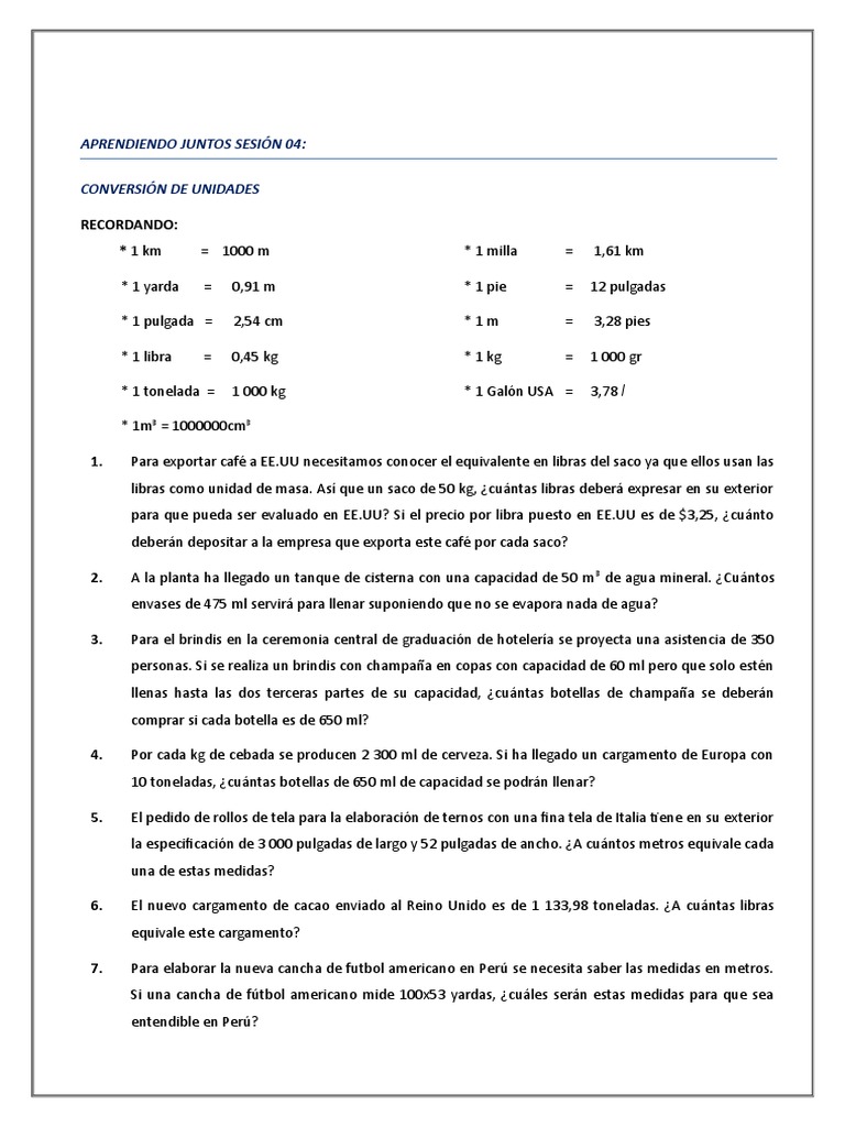 Ejercicios de Conversión de Unidades | PDF | Unidades de medida ...
