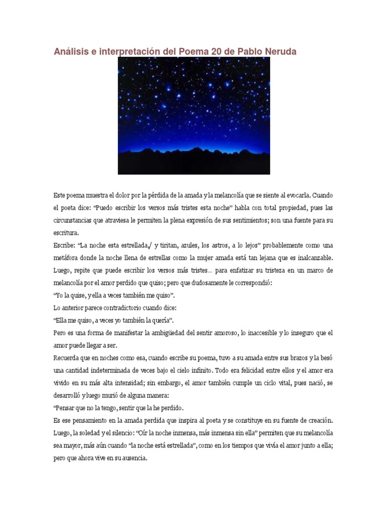 Análisis e Interpretación Del Poema 20 de Pablo Neruda | PDF | Poesía ...