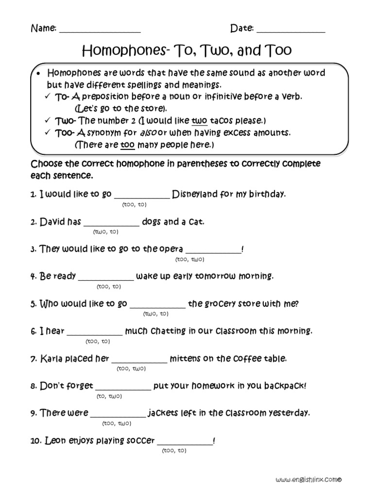 Choosing To Two Too Homophones Worksheet | PDF | Language Arts & Discipline