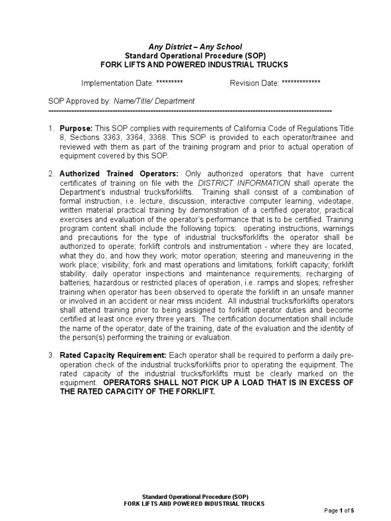 Standard Operational Procedure (SOP) Fork Lifts and Powered Industrial ...